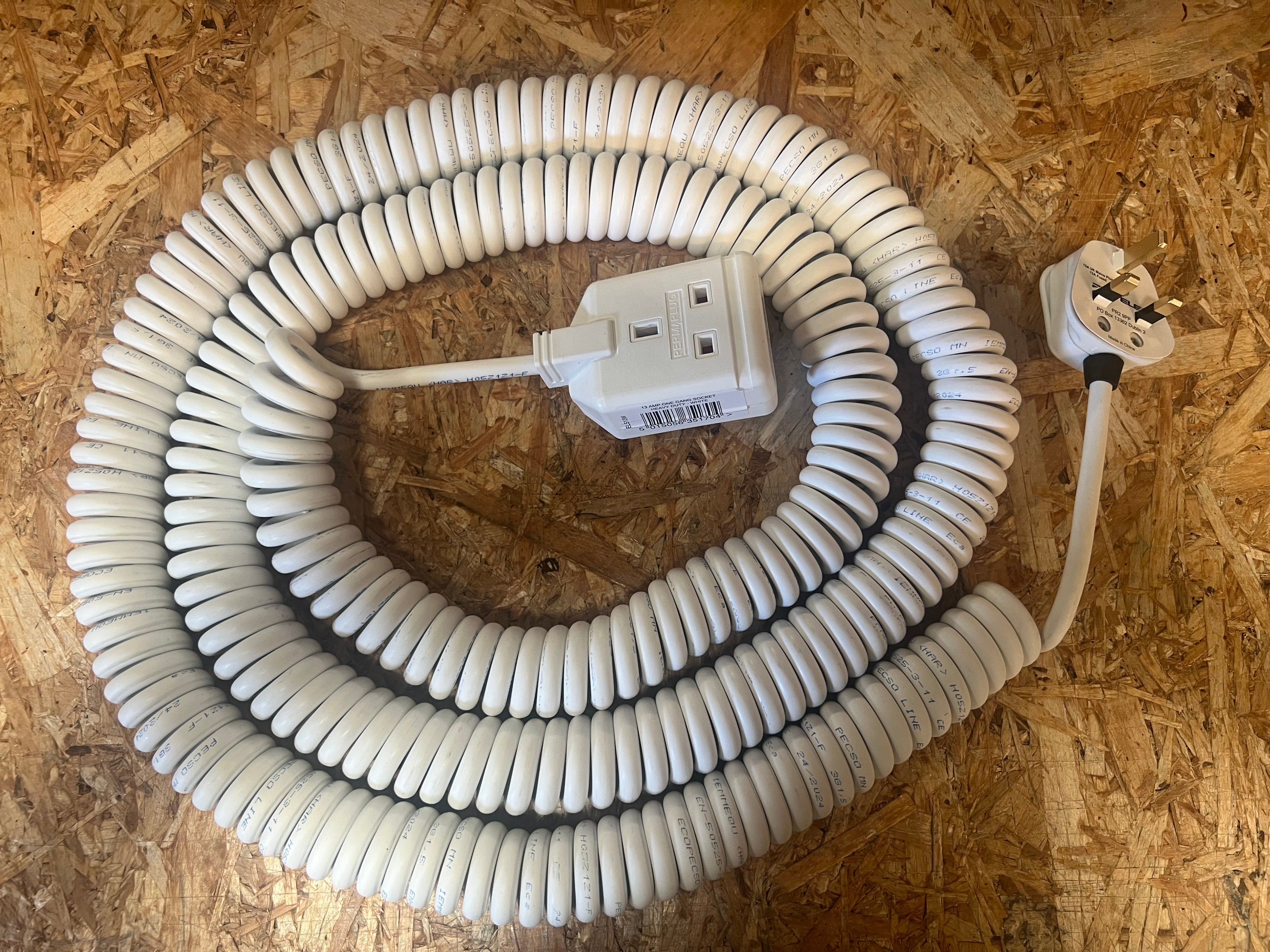 1-way 2m White or Black LSZH Coiled Power Extension lead – Curly Cable ...